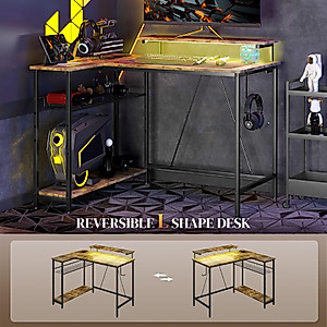 HOMCOM 42" L Shaped Desk with LED Lights, Power Outlet, USB Charging Ports, Reversible L Shaped Computer Desk with Storage Shelves, Monitor Stand, Corner Gaming Desk for Home Office, Rustic Brown