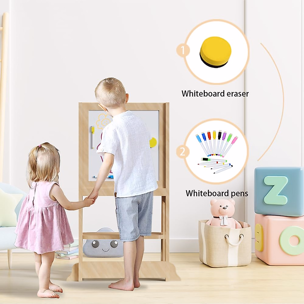 4 in 1 Kitchen Toddler Step Stool, Kids Learning Standing Tower Stool Helper with Safety Rail & White Board for Writing Drawing, Bathroom Potty Stool with Non-Slip Steps (Natural Wood)