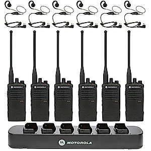 6 Pack of Motorola RDU4100 Radios with 6 Push to Talk (PTT) earpieces and a 6-Bank Radio Charger