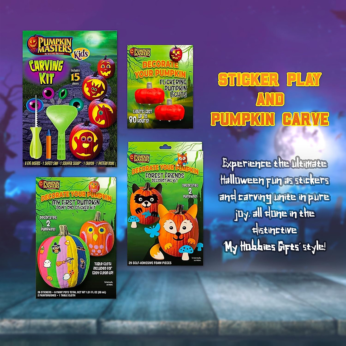 My Hobbies Gifts 4-in-1 Halloween Bundle: Pumpkin Masters Kids Pumpkin Carving Kit, Paint & Stickers, Flickering Lights, Animal Decorating Stickers - Spooky Fun! (Animals Carving & Stickers)