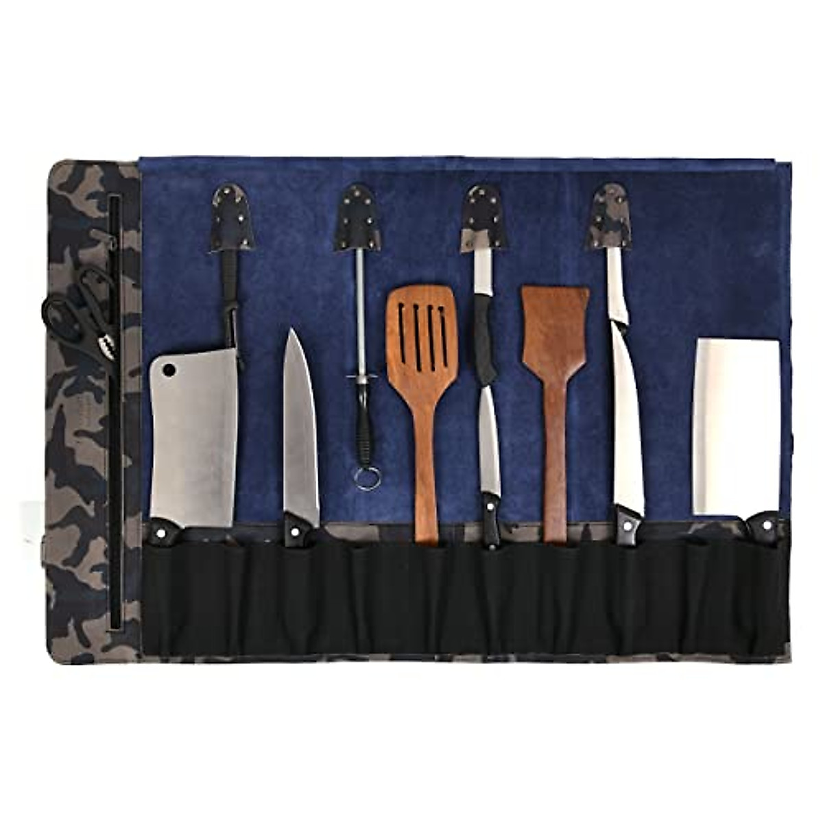 Leather Knife Roll Storage Bag, Elastic and Expandable 10 Pockets, Adjustable/Detachable Shoulder Strap, Travel-Friendly Chef Knife Case (Camo Green, Leather)