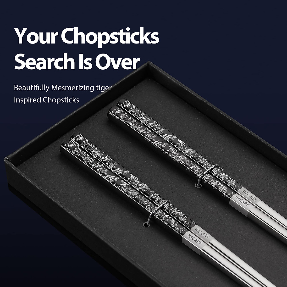 Hagary Tiger Chopsticks Metal Chopsticks Reusable Designed In Korea Japanese Style Stainless Steel 316 18/10 Non-Slip Dishwasher Safe Laser Etched (Black - 2 Pairs)