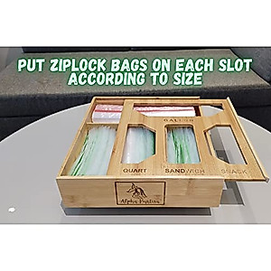 Alpha Kurtisa Bamboo Ziplock Bag Organizer for Kitchen-Walls-Drawers-Can fit Ziplock bags like Gallon-Snack-Sandwich-Quart. Includes Keyholder with Cellphone stand (Natural)