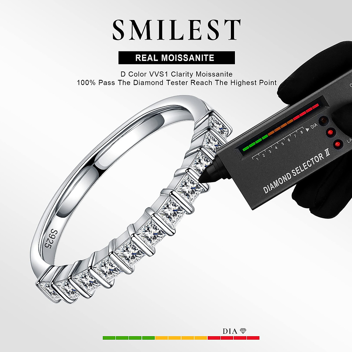 SMILEST Princess Moissanite Stackable Rings for Women, 2MM D Color VVS1 Clarity Lab Created Diamond Wedding Band 18K White Gold Plated 925 Sterling Silver Bar-Set Moissanite Wedding Band for Women