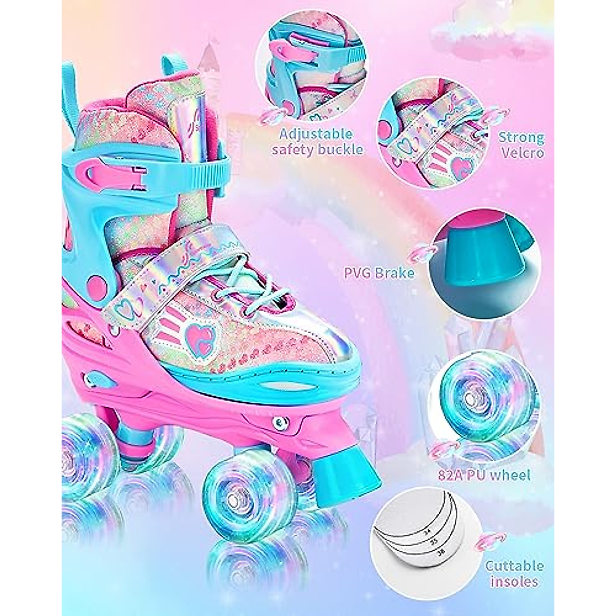 Sportneer Kids Roller Skates, Roller Skates with Protective Gear Set, Adjustable Roller Skates with 8 Light up Wheels, for Girls Kids Youth Beginner Indoor & Outdoor Use (1pair)