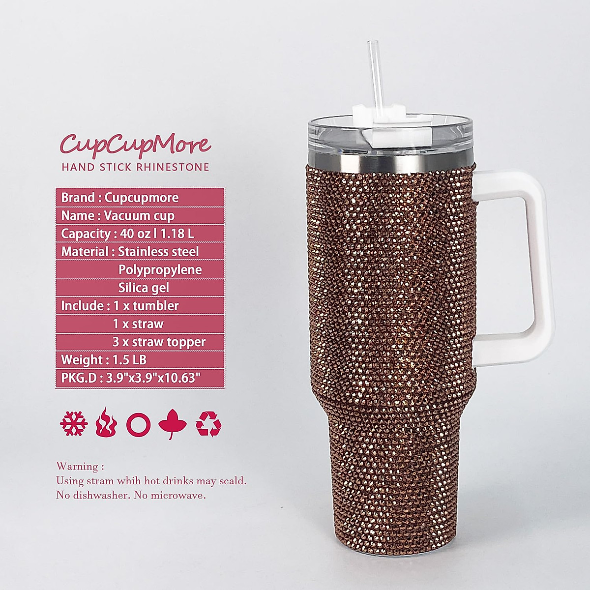 Cupcupmore 40oz Copper Bling Rhinestone Stainless Steel Sippy Tumbler Glitter Vacuum Insulated Water Bottle with Straw & Lid &Handle,Thermos for Hot & Cold Drinks,Car Cup Holder,Coffee