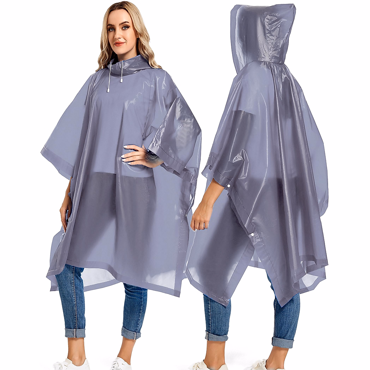 Borogo 2 Pack Rain Ponchos for Adults Reusable - Raincoats Survival Emergency Heavy Duty Rain Coat with Drawstring Hood Grey