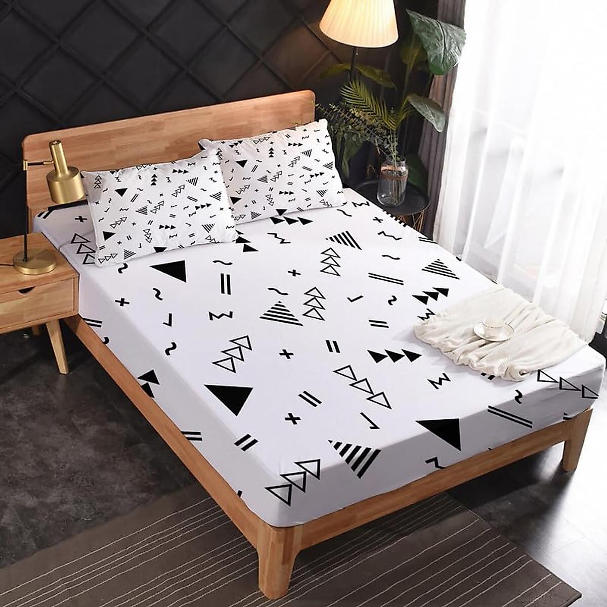 zcsm Geometric Sheets Full Size - White Bed Sheets 4 Piece & 16 Inch Deep Pocket, Soft 600 Thread Microfiber Wrinkle Free Bedding Sheets, 1 Fitted Sheet, 1 Flat Sheet, 2 Pillowcases