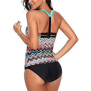 Dokotoo Womens Junior Retro Striped Zigzag Print Color Block Racerback Blouson Push Up Tankini Swim Bikini Top No Bottom Swimsuit Bathing Suit Swimwear X-Large
