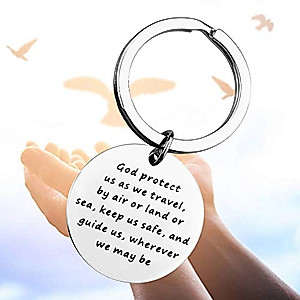 BEKECH Traveler's Prayer Travel Protection Key Ring Travel Gifts God Protect Us As We Travel By Air Land Sea Keep Us Safe Travels Keychain Religious Gift (silver)