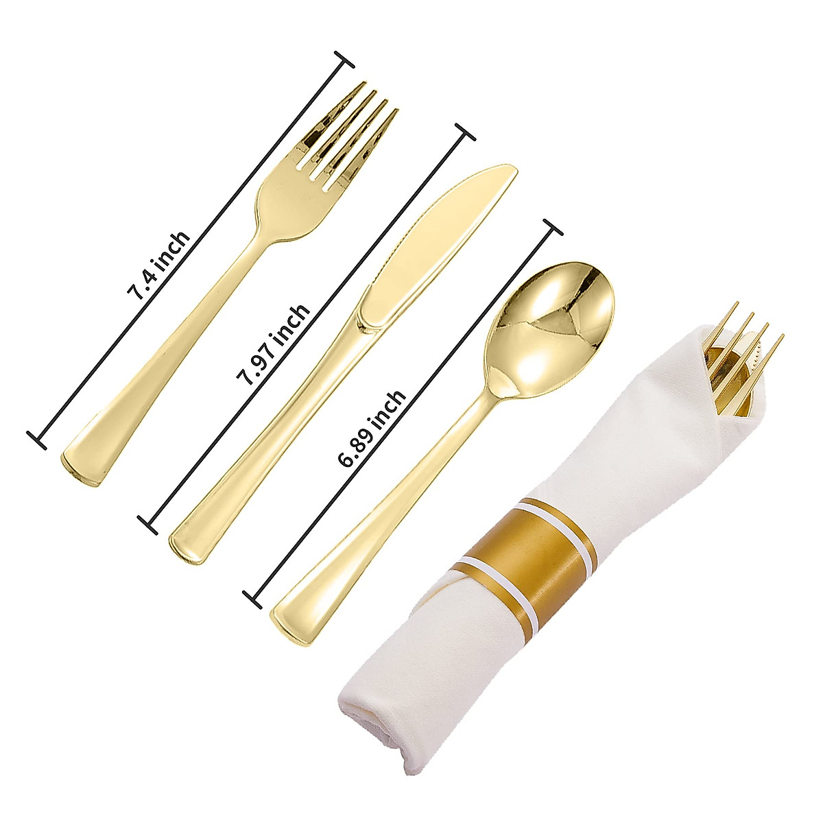 N9R 50 Pack Pre Rolled Gold Plastic Cutlery Set, Wrapped Plastic Silverware Set with 50 Forks, 50 Knives, 50 Spoons and 50 Napkins, Disposable Cutlery Set for Party and Wedding