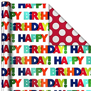 Hallmark Reversible Birthday Wrapping Paper Bundle (3-Pack: 75 sq. ft. ttl.) Balloons, Bright Green, Teal Stripes, White Polka Dots on Red
