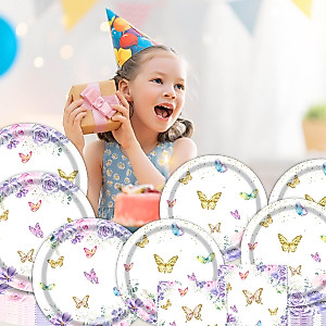 96 Pieces Butterfly Party Favors Decorations Tableware Set 24 Guests Girl Baby Shower Birthday Party Supplies Spring Butterfly Floral Party Dessert Plates Napkin Birthday Party Supplies