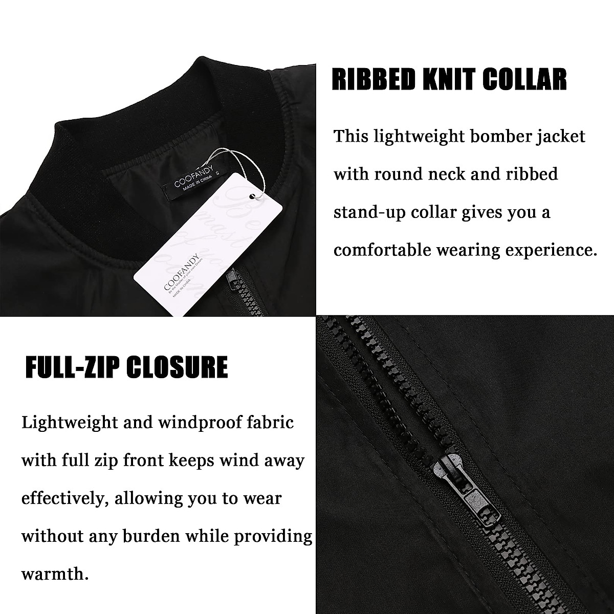 COOFANDY Men Black Bomber Jacket Lightweight Casual Softshell Flight Windbreaker Outerwear Coat Black L