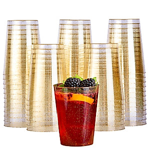 MATANA 50 Clear Hard Plastic Cups 10 oz Tumblers with Gold Glitter, Sturdy & Reusable - Birthdays, Weddings, Anniversary, Christmas, New Year's Eve Celebrations, BBQ, Picnic, Parties