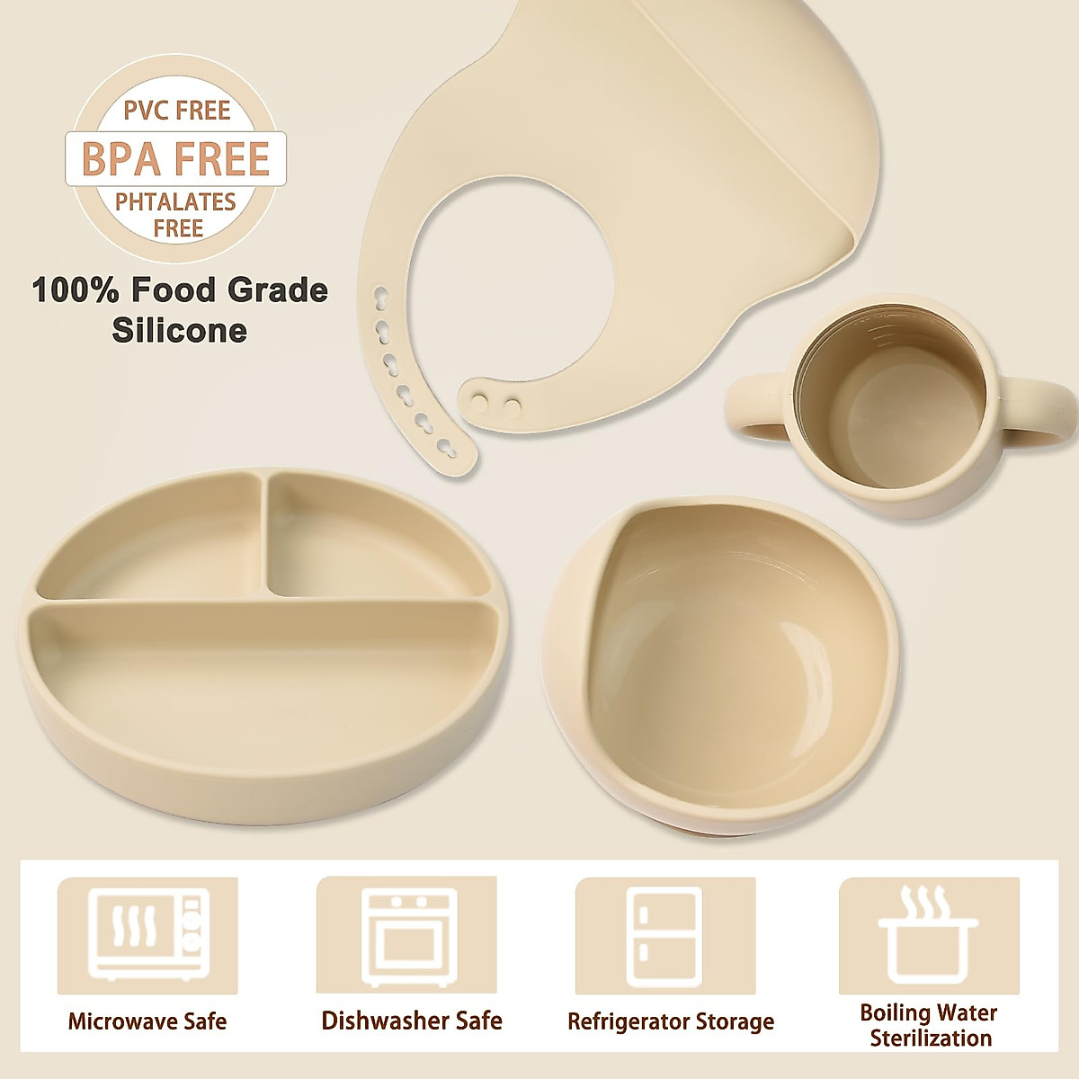 LITTLE RAWR Silicone Baby Feeding Set 14 Pcs,Baby Led Weaning Supplies, Baby Spoons Suction Bowl Divided Plate Bib Cup Finger Brush,First Stage Solid Food Eating Utensils - 6+ Months(Beige)