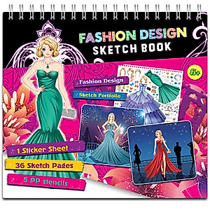 Fashion Dresses Sketch Portfolio Sticker Book - Designer Sketchbook - 100+ Stencils, 36 Giant Coloring Pages, Mermaid Dress Princess Costume Hair Star Stickers – Art Kit Drawing Coloring Book for Kids