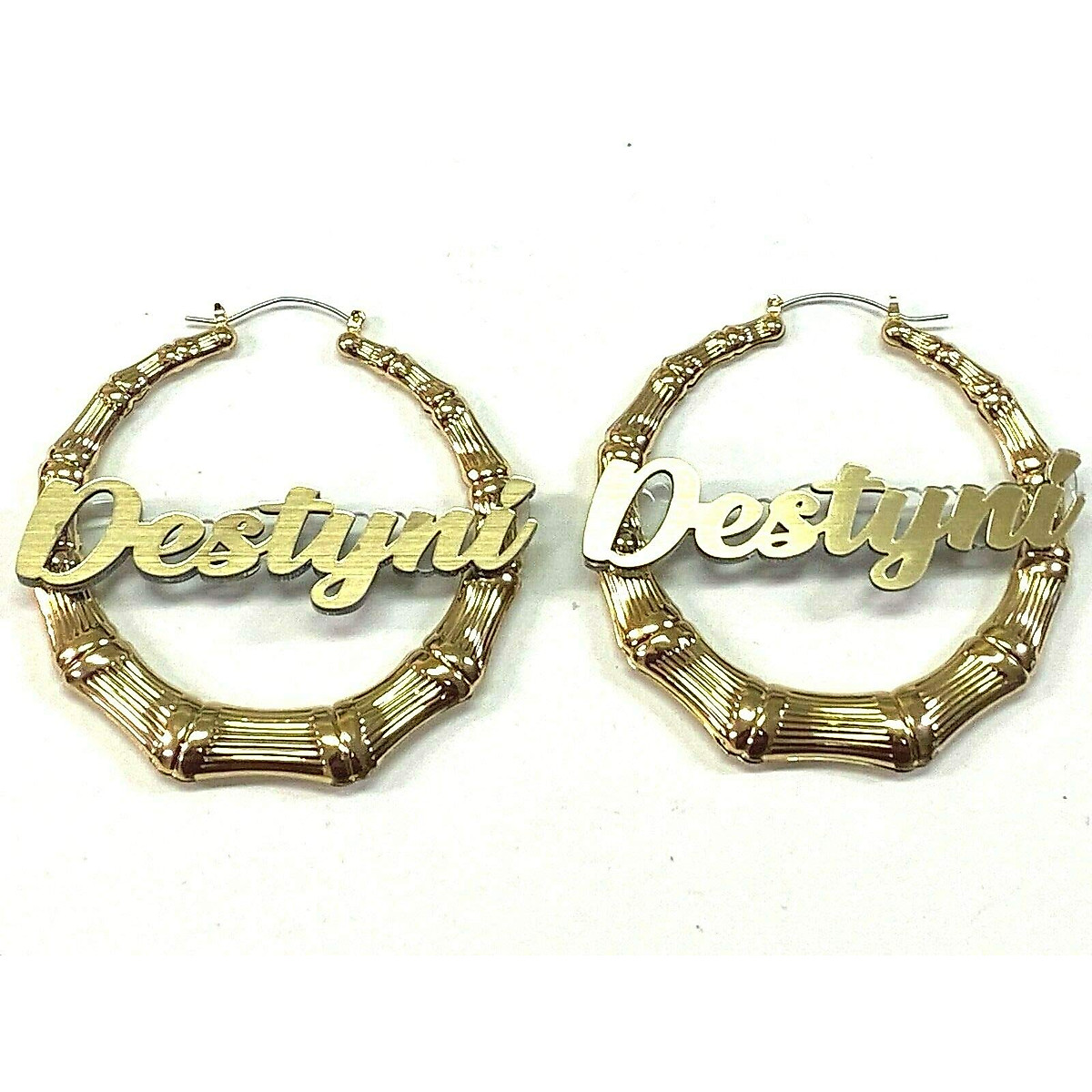 Stylish Bamboo Earrings Personalized Custom Gold 1.5, 2.5, 3.5" Size and Background Color Choice Hoop Name Plate Laser Cut Made To Order - Any Name Script Cursive Letters Stunning, Quality, Attractive (3.5" Bamboo Earrings)