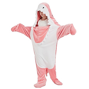 NAFLEAP Wearable Blanket Hoodie kids Shark Dinosaur Onesie Costume Gifts for Girls, Shark pink, 140