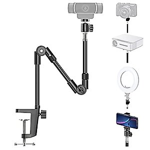 KDD Webcam Stand Camera Mount with Phone Holder, 25 Inch Foldable Flexible Gooseneck Cell Phone Clamp & Table Projector Mount, for Logitech C922 C930e C920S C920 C960 Brio 4K, Gopro Hero 8 7 6 5