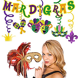 38 Pcs Mardi Gras Party Swirls Hanging Foil Swirl Streamers with Mardi Gras Banner Tinsel Garland Crepe Paper Streamers for Mardi Gras New Orleans Bachelorette Birthday Ceiling Backdrop Decoration