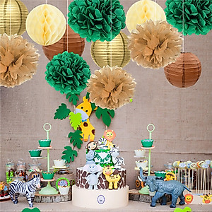 HappyField Woodland Animals Birthday Party Decorations Woodland Animals Baby Shower Decorations for Boy or Girl Rustic Gold Green Tan Brown Tissue Poms Paper Lanterns Gender Neutral Baby Shower Decor
