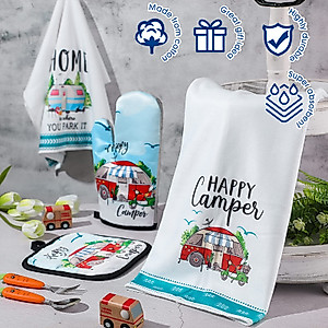 4 Pcs Camping Dish Towels Pot Holders Oven Mitts Set Making Memories One Campsite at a Time RV Kitchen Towels Soft Absorbent Pot Holder Camper Oven Mitt Dish Cloths Hand Towels