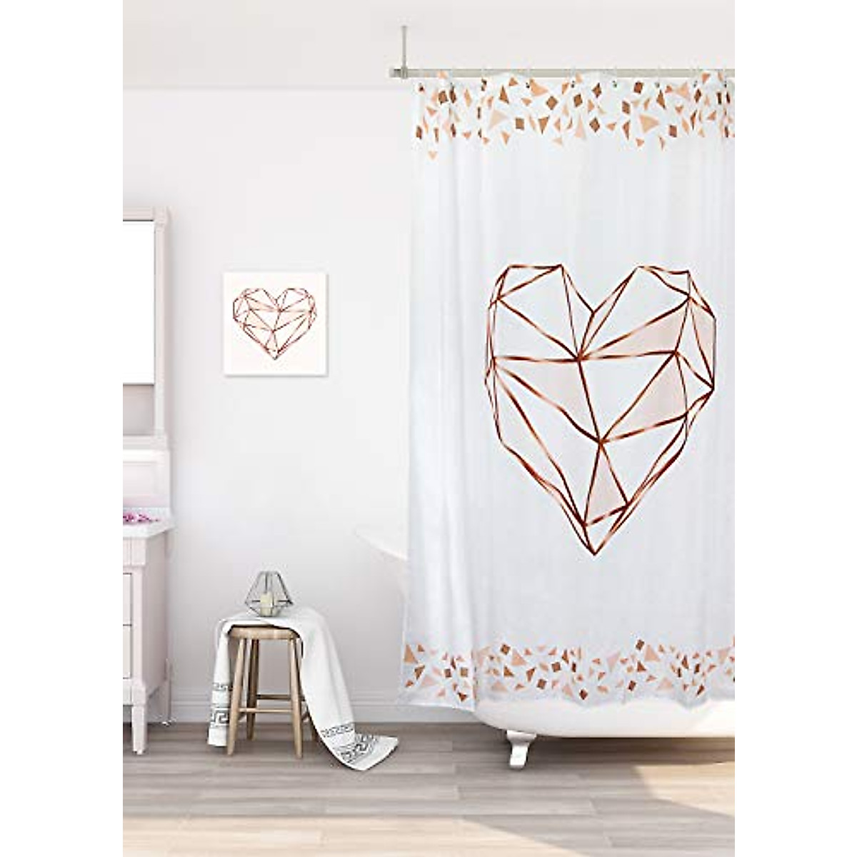 SUMGAR Mothers Day Shower Curtain Pink Love Rose Gold Shower Curtains for Bathroom, Cute Elegant Girl Bath Stall Decoration Geometric Shower Curtains Set with Hooks, 72 x 72 inch