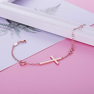 BlingGem Cross Bracelet for Women Rose Gold Plated 925 Sterling Silver Dainty Religious Christian Bracelet Faith God Blessed Confirmation Gifts