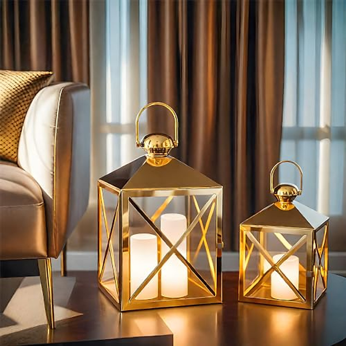 TRIROCKS Set of 2 Stainless Steel Candle Lanterns-19x12''&13x8'' High, Elegant Outdoor Metal Candle Holders with Tempered Glass for Home Decor, Living Rooms, Parties, and Indoor/Outdoor Events (Gold)