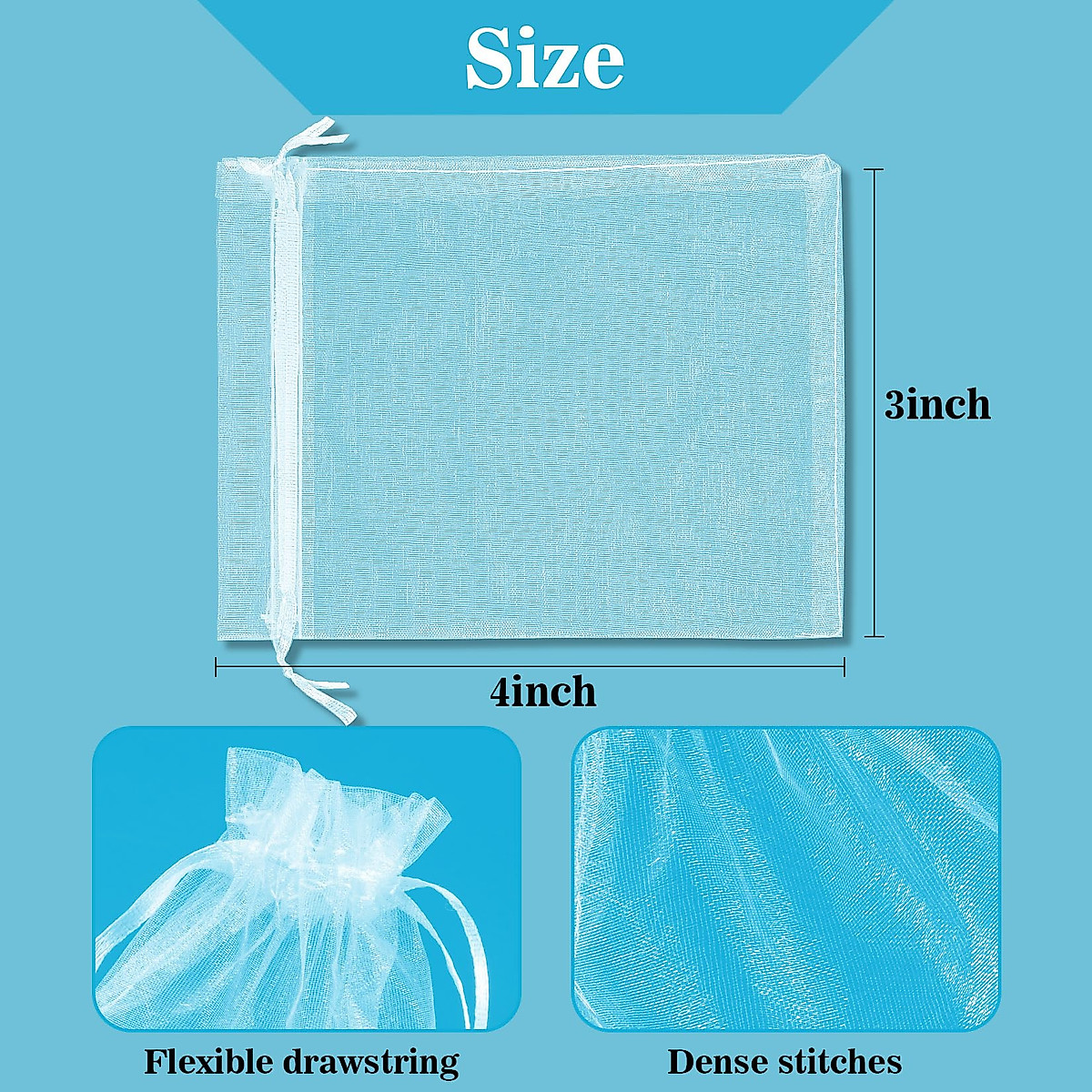 Sukh 100 White Organza Bags 3''x4'' - Small Organza Sachet Jewelry Gift Favor Bags Drawstring Mesh Bags Valentines Wedding Eid Mubarak Halloween Eve Christmas New Year Party Candy Fruit Wrap Bulk