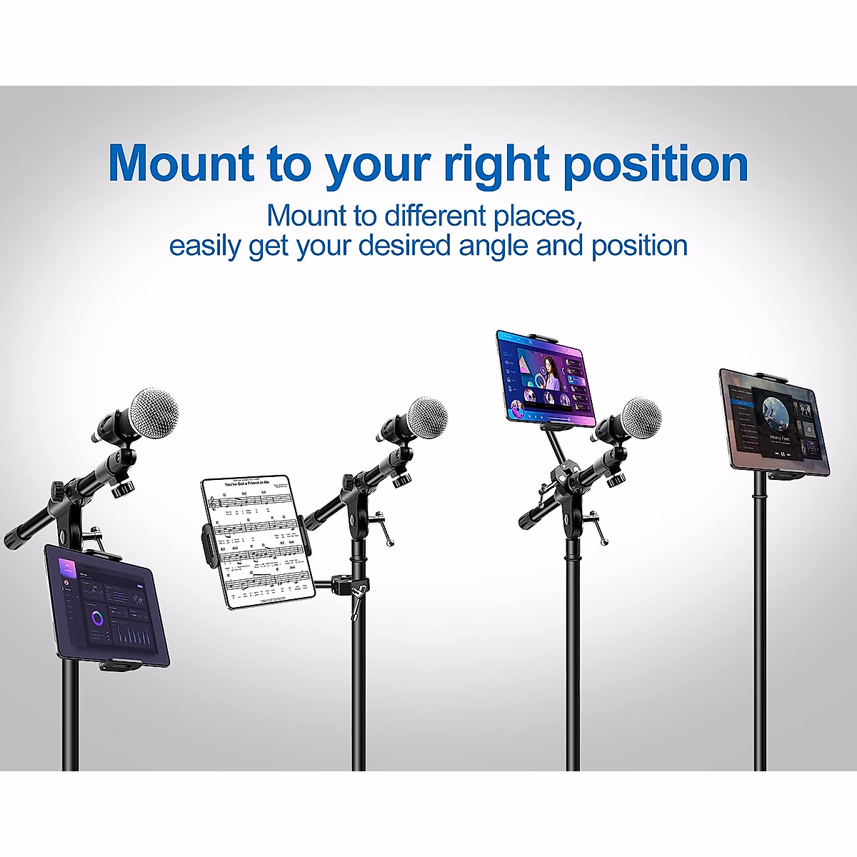 elitehood Newest Aluminum iPad Holder for Mic Stand, Side Mount iPad Music Stand Holder for Microphone, 360° Swivel Tilt Adjustable Mic Stand Tablet Holder for iPad, iPhone and More 4-13in Tablet