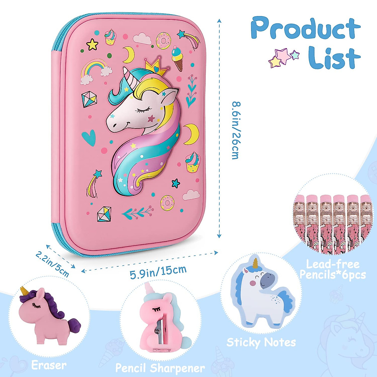 homicozy Pencil Case for Girls,Cute Unicorn Stationary Set for Kids,3D EVA School Large Capacity Pencil Pen Box with Compartment,School Supplies for Girls,Back to School Gifts for Kids,Pink