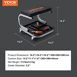 VEVOR Rolling Creeper Garage/Shop Seat, 250 LBS Capacity Padded Rolling Workshop Stool with Tool Tray Storage, Mechanic Stool for Garage, Shop, Auto Repair, Black