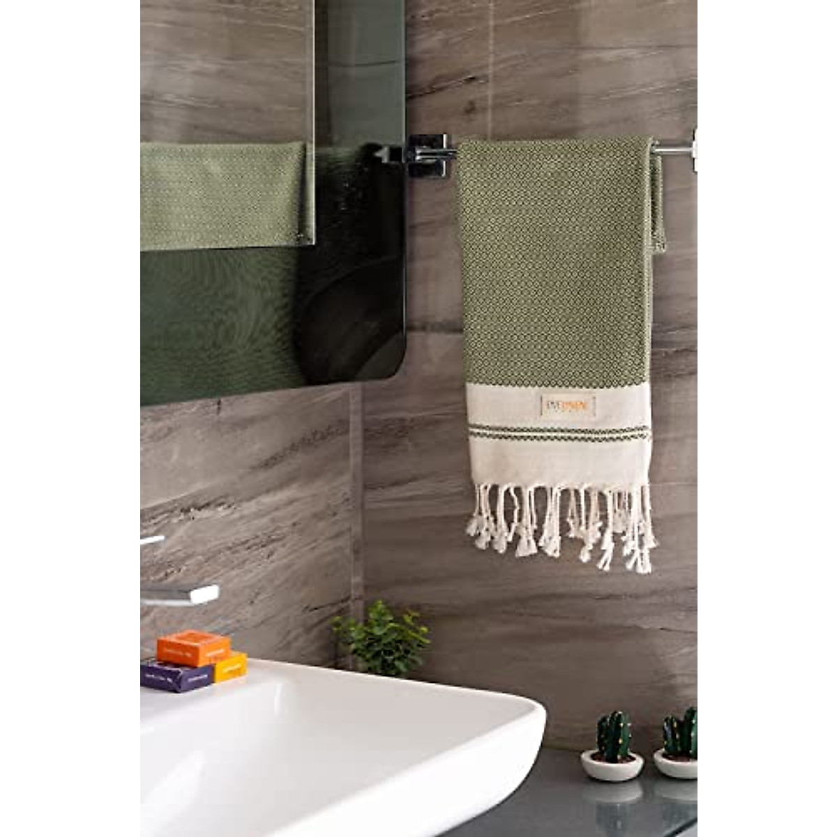 Evelynen Turkish Hand Towels for Bathroom & Kitchen Towels Decorative Set of 2 | Boho Farmhouse Hand Towels with Hanging Loops for Face, Tea, Dish, Kitchen & Bath |0 Cotton (16" x 32" - Khaki)