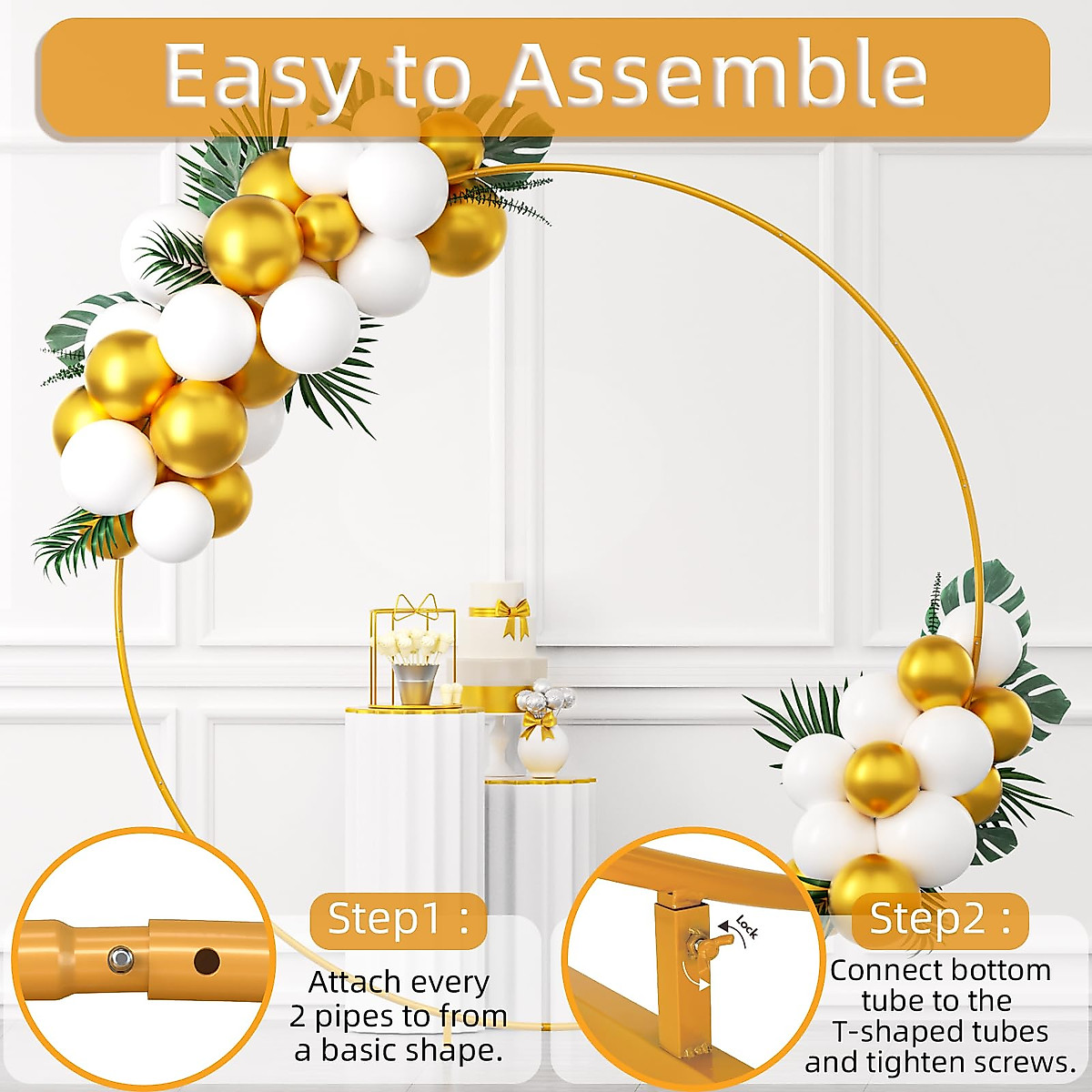 Bezente 7.2ft Round Backdrop Stand, Golden Metal Balloon Arch Stand, Stable Wedding Arch Circle Backdrop Stand Frame for Wedding Birthday Baby Shower Party Decoration