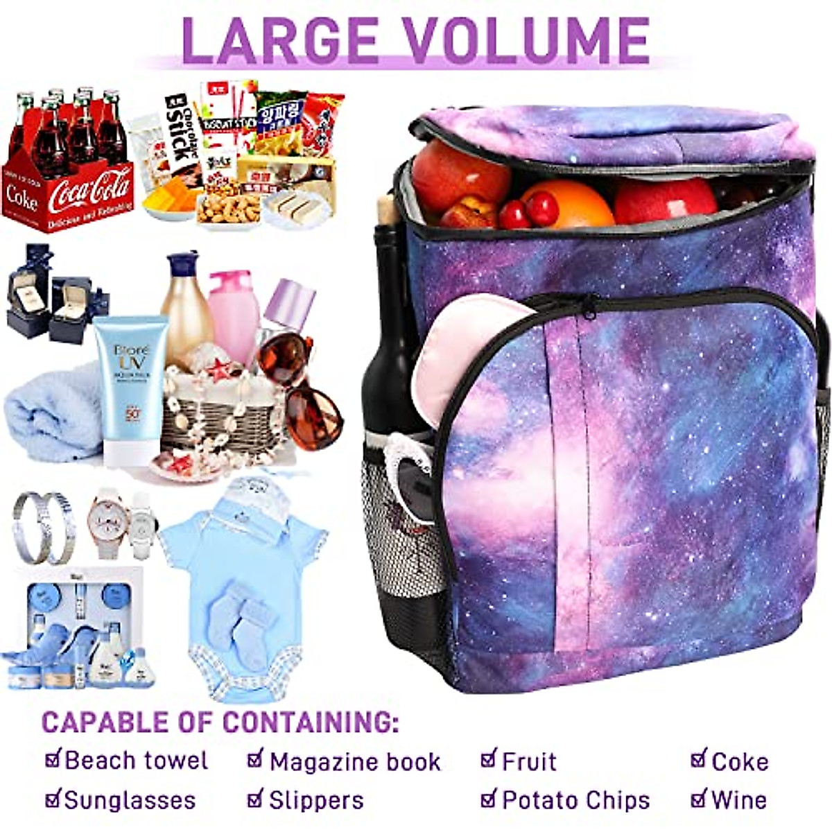 Cooler Backpack 45 Cans Roomy Backpack Coolers Insulated Leak Proof, Large Picnic Backpack Cooler, Soft Sided Cooler for Women, Camping Cooler Backpack Coolers (Galaxy)