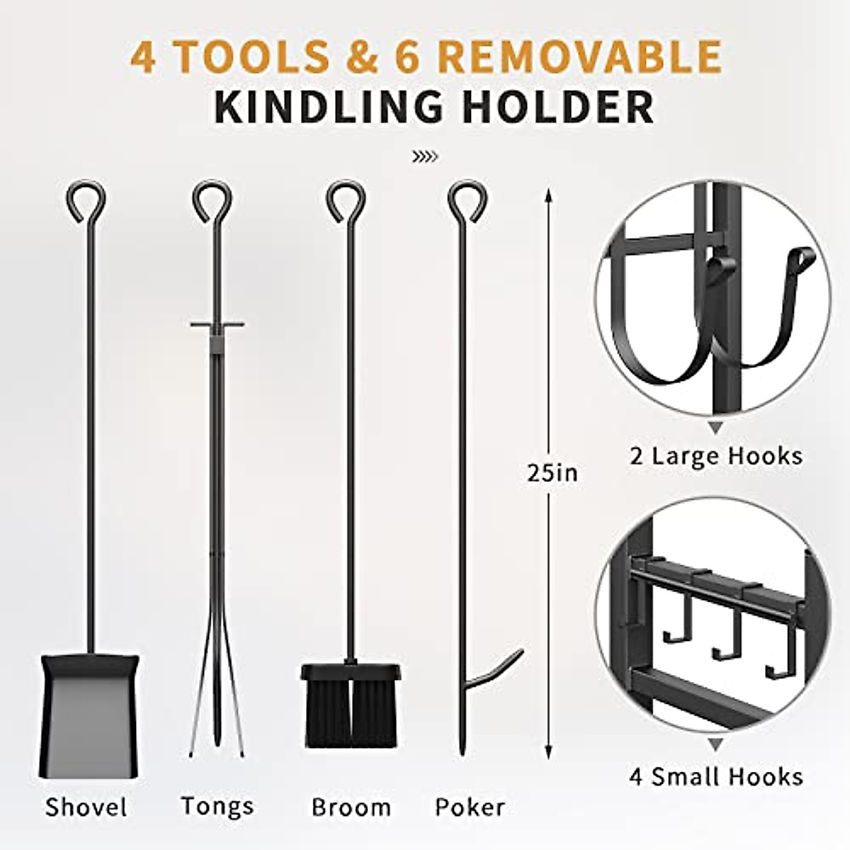 Mr IRONSTONE 34in Firewood Rack Fireplace Tools Rack Indoor Fire Wood Racks Outdoor Firewood Rack Heavy Duty Firewood Holder,Fireplace Accessories,Fireplace w/Kindling Holder,Shovel,Poker,Tongs,Broom