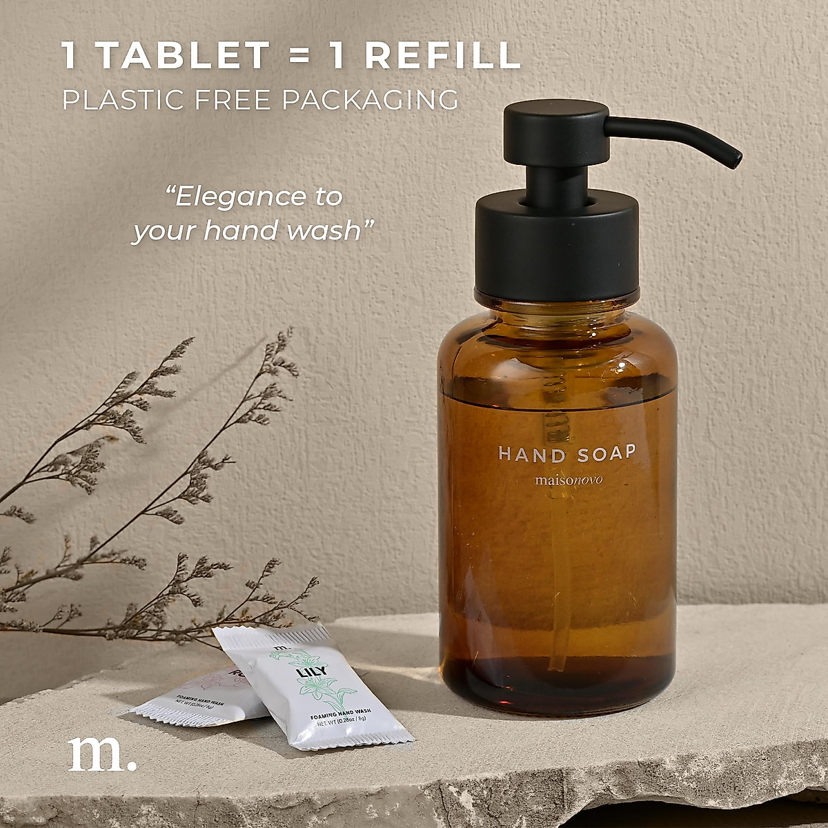 MaisoNovo 14 oz Amber Glass Foaming Soap Dispenser with Black Pump + Mixed 4 Pack Foaming Hand Soap Refill Tablets