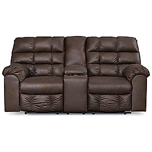 Signature Design by Ashley Derwin Urban Faux Leather Tufted Double Reclining Loveseat with Console, Dark Brown