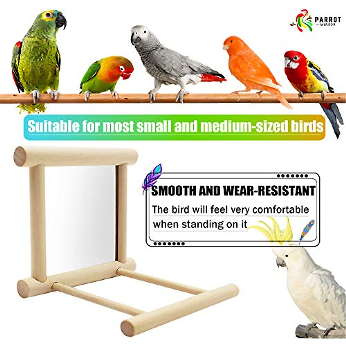 Blessed family Bird Parakeet Mirror for Cage,Parrot Perch Stand,Wooden Hummingbird Swing Toy,Parakeet Accessories for Cockatiels Conure Finch Lovebird Canary African Grey Macaw