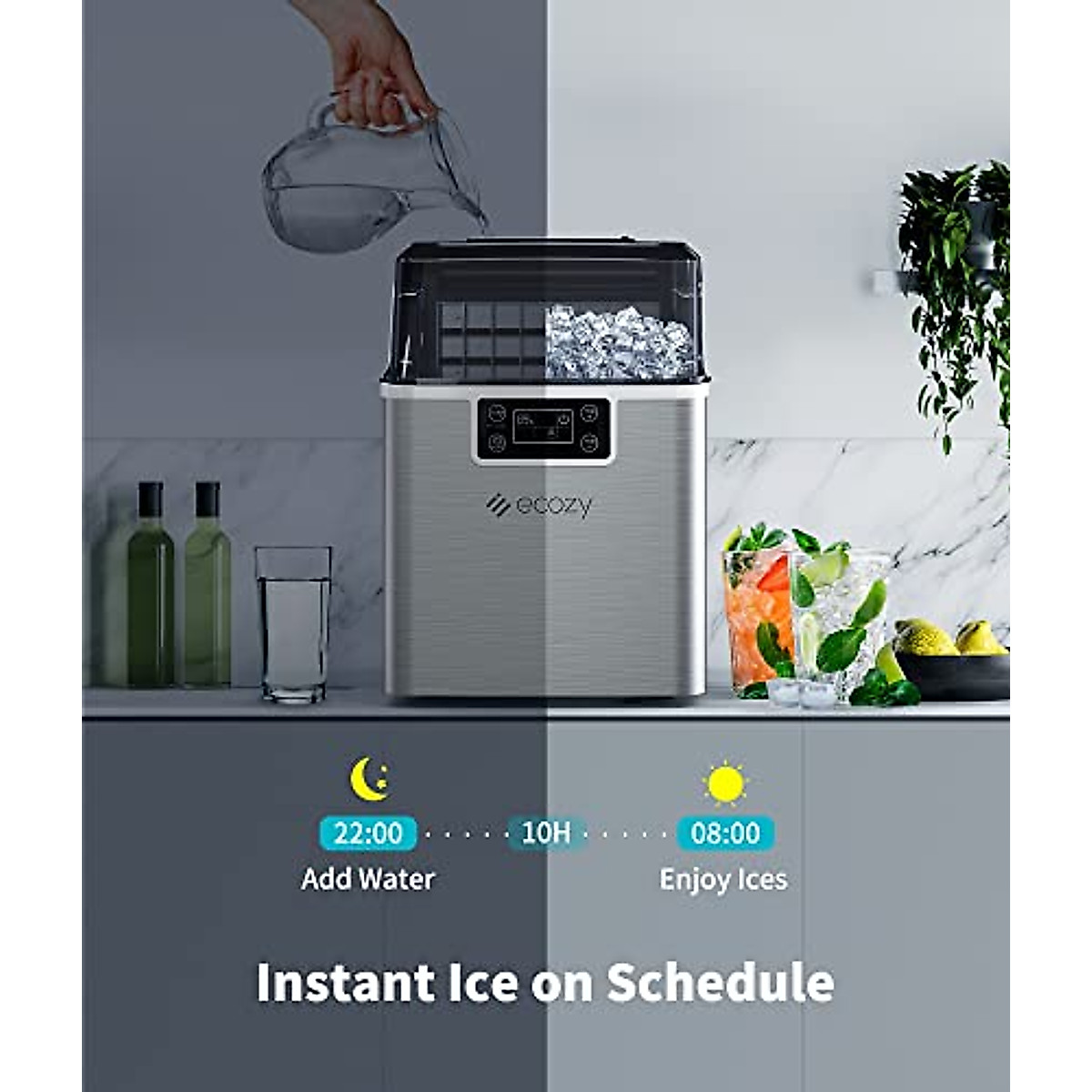ecozy Countertop Ice Makers, 45lbs Per Day, 24 Cubes Ready in 13 Mins, Stainless Steel Housing, Auto Self-Cleaning Ice Maker with Ice Bags and Ice Scoop for Kitchen Office Bar Party