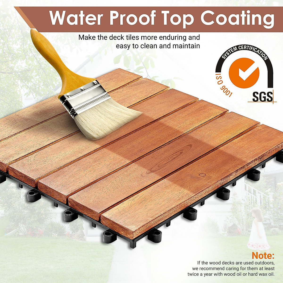 PrimeZone 27 PCS Solid Acacia Wood Interlocking Patio Deck Tiles - 12" x 12" Indoor Outdoor Waterproof Flooring Tiles for Balcony, Backyard, Garden & Poolside, All Weather Use, Natural Wood