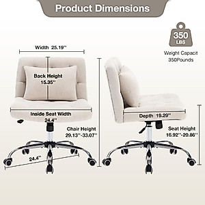 Armless Fabric Office Desk Chair with Wheels, Cross Legged Wide Seat Chair, Modern Home Office Chair with Lumbar Pillow, Comfortable Computer Task Chair for Small Space, Vanity Chair for Women, Girls