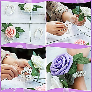 Hicarer 24 Pieces Elastic Pearl Wrist Bands Corsage Accessories Wedding Wrist DIY Faux Flowers Decor for Wedding Festival Beach Party