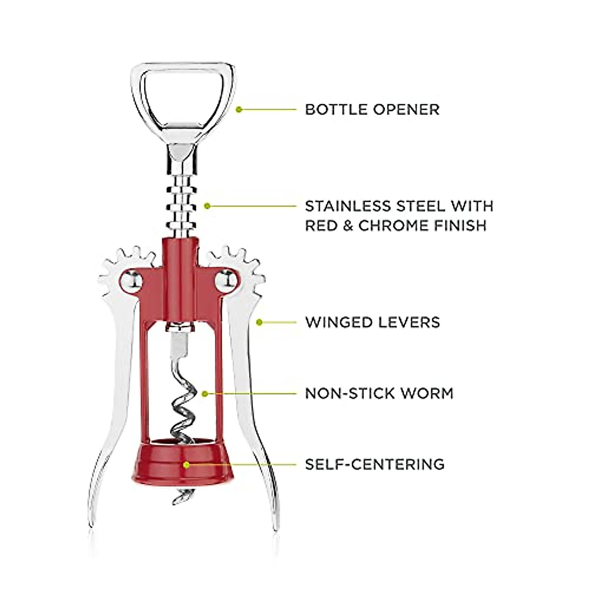 True Soar Winged Corkscrew Wine Opener - Self Centering Worm, Stainless Steel, Manual Wine Bottle Opener, Red