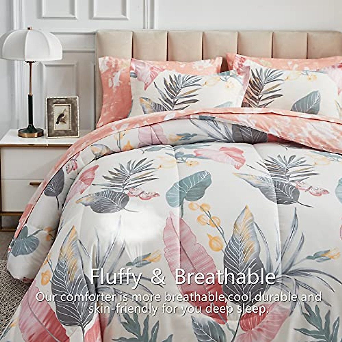 AIKASY Pink Queen Comforter Set with Sheets,Bed in a Bag 7-Pieces,Palm Tree Totem Printing Design,Ultra Soft Down Alternative All Season Bedding Set(Queen, Pink)