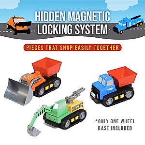 POPULAR PLAYTHINGS Magnetic Build-a-Truck Construction Set of 4 Construction Vehicles with Real Construction Site Sounds
