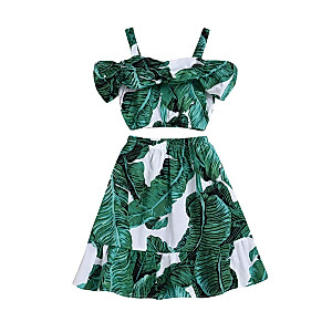 BOEBNOZCV Toddler Baby Girl Strap Banana Leaf Print Strappy Cold Shoulder Cropped Top + Long Skirts Outfits Clothes Set (Banana Leaf, 7T)