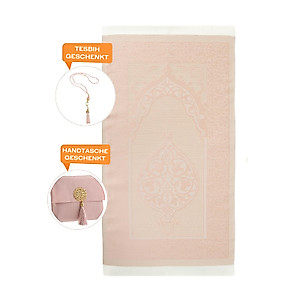 Prien Muslim Prayer Rug with Tasbih and Portable Bag, Muslim Gift for Women Men, Mubarak Islamic Box, Soft Mat Islam Gifts Set, Turkish Sajadah for Ramadan, Eid, Hajj, Travel, Pray (Powder Pink)